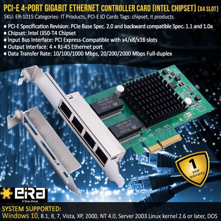 PCI-E 4-port Gigabit Ethernet Controller Card (Intel Chipset) (x4 slot)